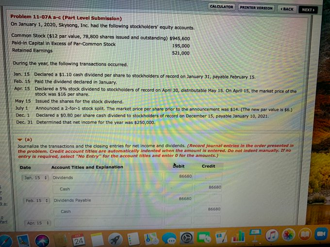 Solved CALCULATOR PRINTER VERSION BACK NEXT Problem 11-07A | Chegg.com
