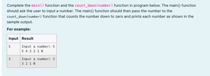 Solved Complete the main() function and the count_down | Chegg.com