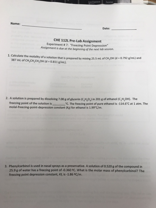 Solved Name: Date: CHE 112L Pre-Lab Assignment Experiment # | Chegg.com