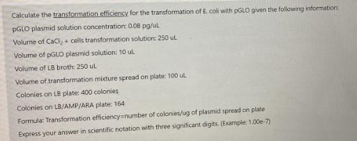 Solved Calculate the transformation efficiency for the | Chegg.com