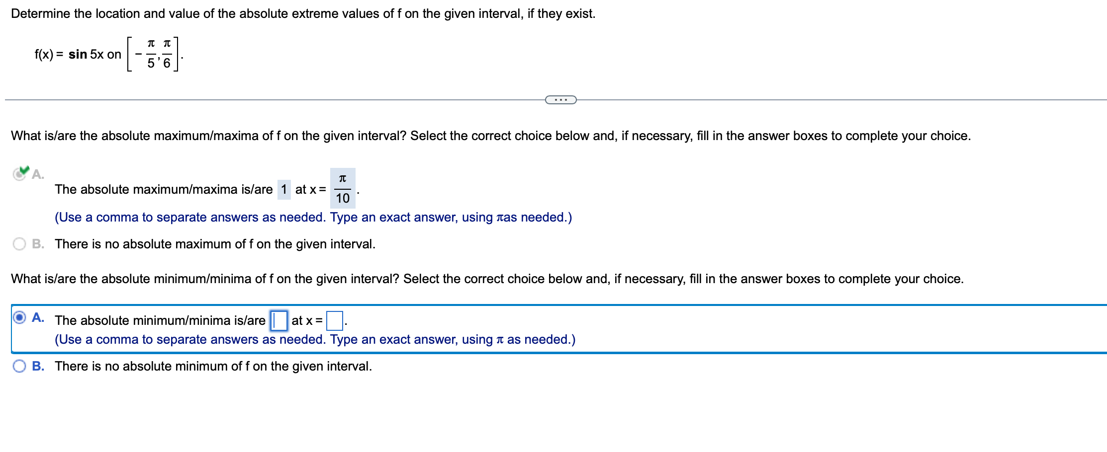 Solved f(x)=sin5x on [−5π,6π]. What is/are the absolute | Chegg.com
