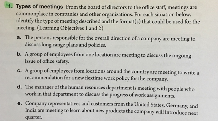 Solved 1. Types of meetings From the board of directors to | Chegg.com
