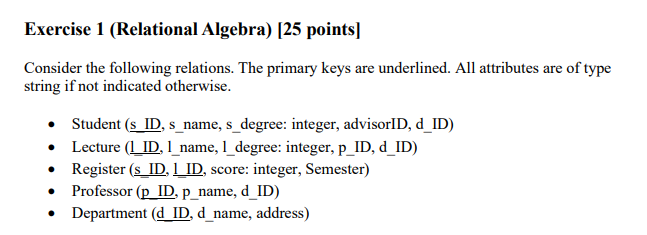 Solved Exercise 1 (Relational Algebra) (25 points) Consider | Chegg.com