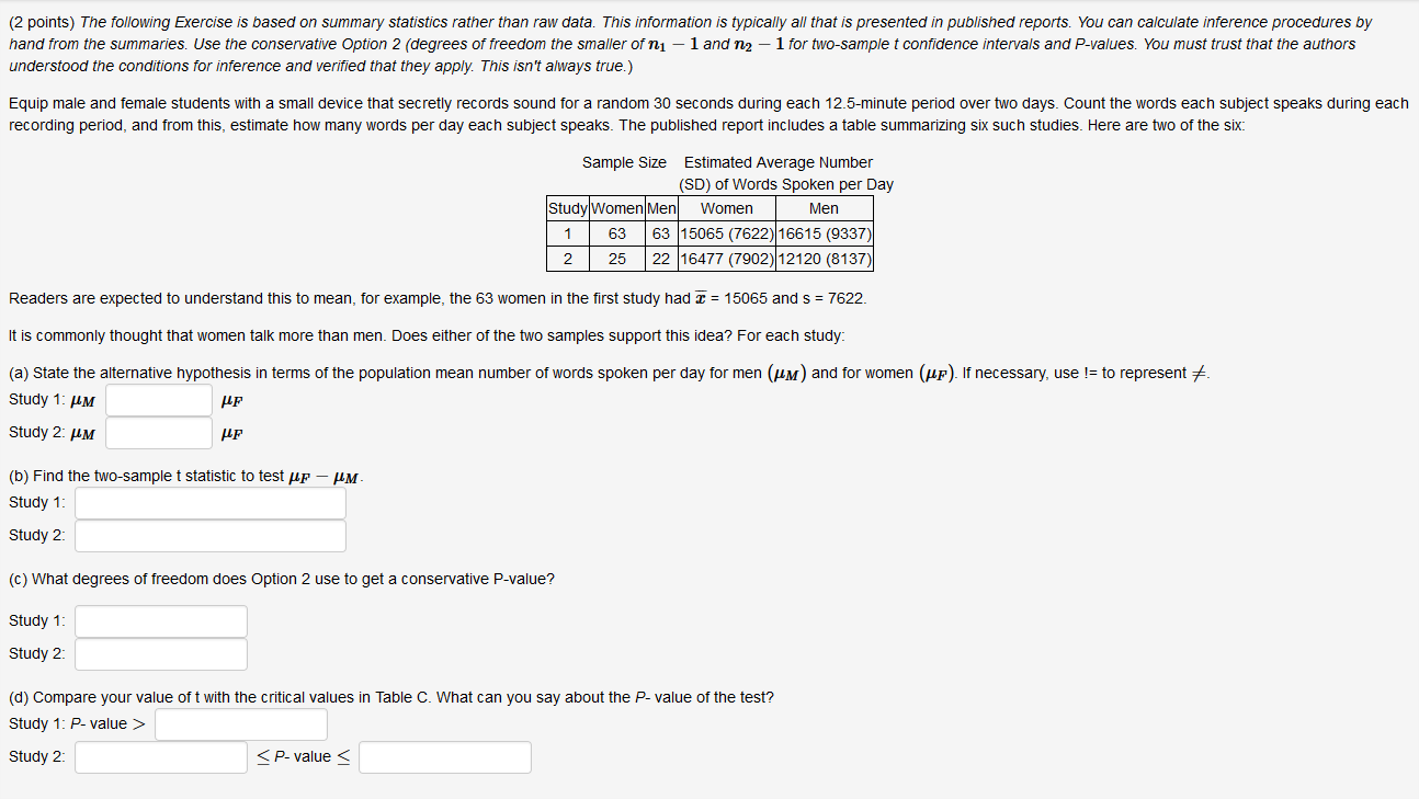 Solved (2 points) The following Exercise is based on summary | Chegg.com