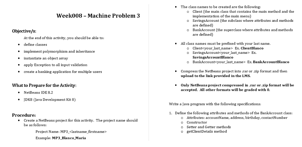 Solved The class names to be created are the following . | Chegg.com