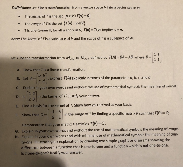 Solved Definitions: Let Tbe a transformation from a vector | Chegg.com