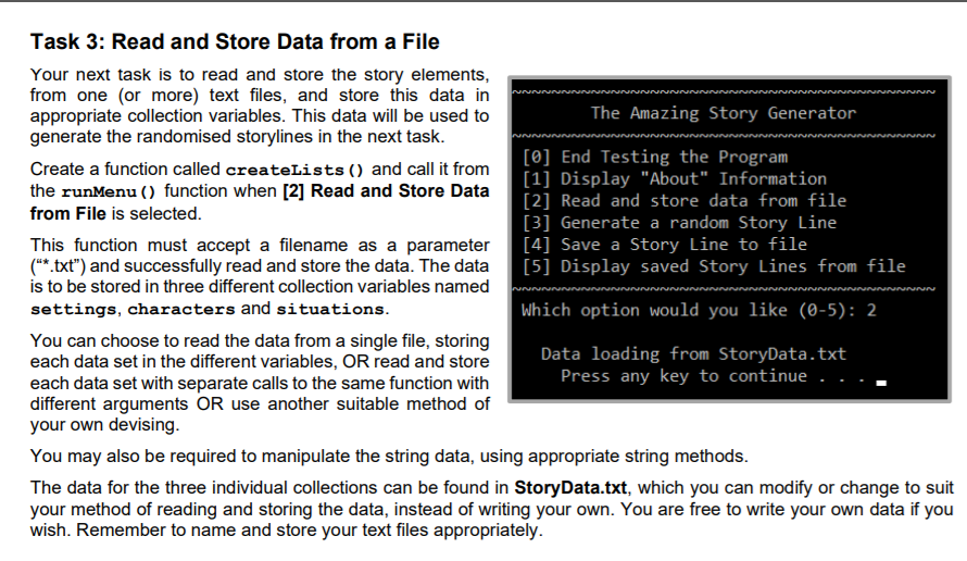 Solved NNNNNNN The Amazing Story Generator Task 1: Create | Chegg.com
