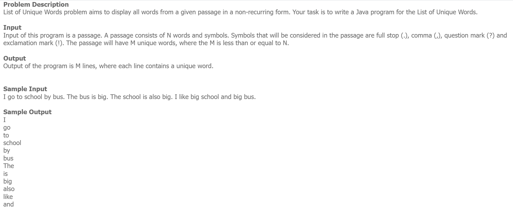 Solved Problem Description List of Unique Words problem aims | Chegg.com