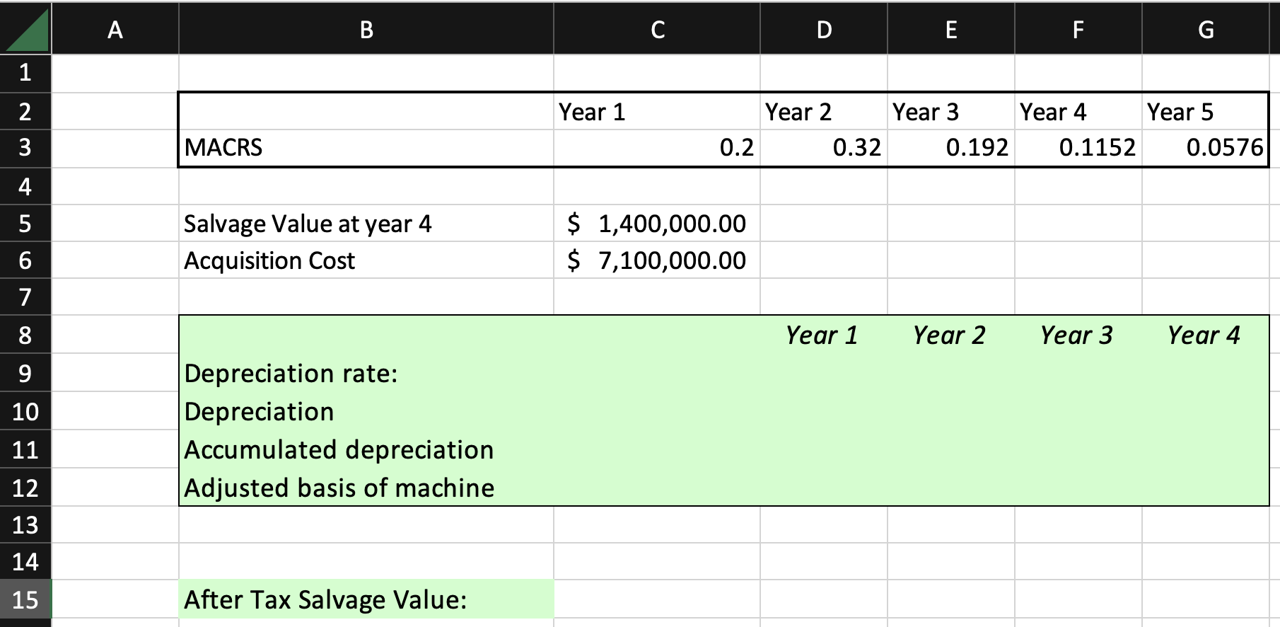 Solved A B C D E F G Salvage Value at year 4 $1,400,000.00 | Chegg.com
