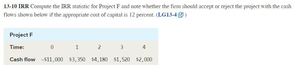 Solved 13-10 IRR Compute the IRR statistic for Project F and | Chegg.com