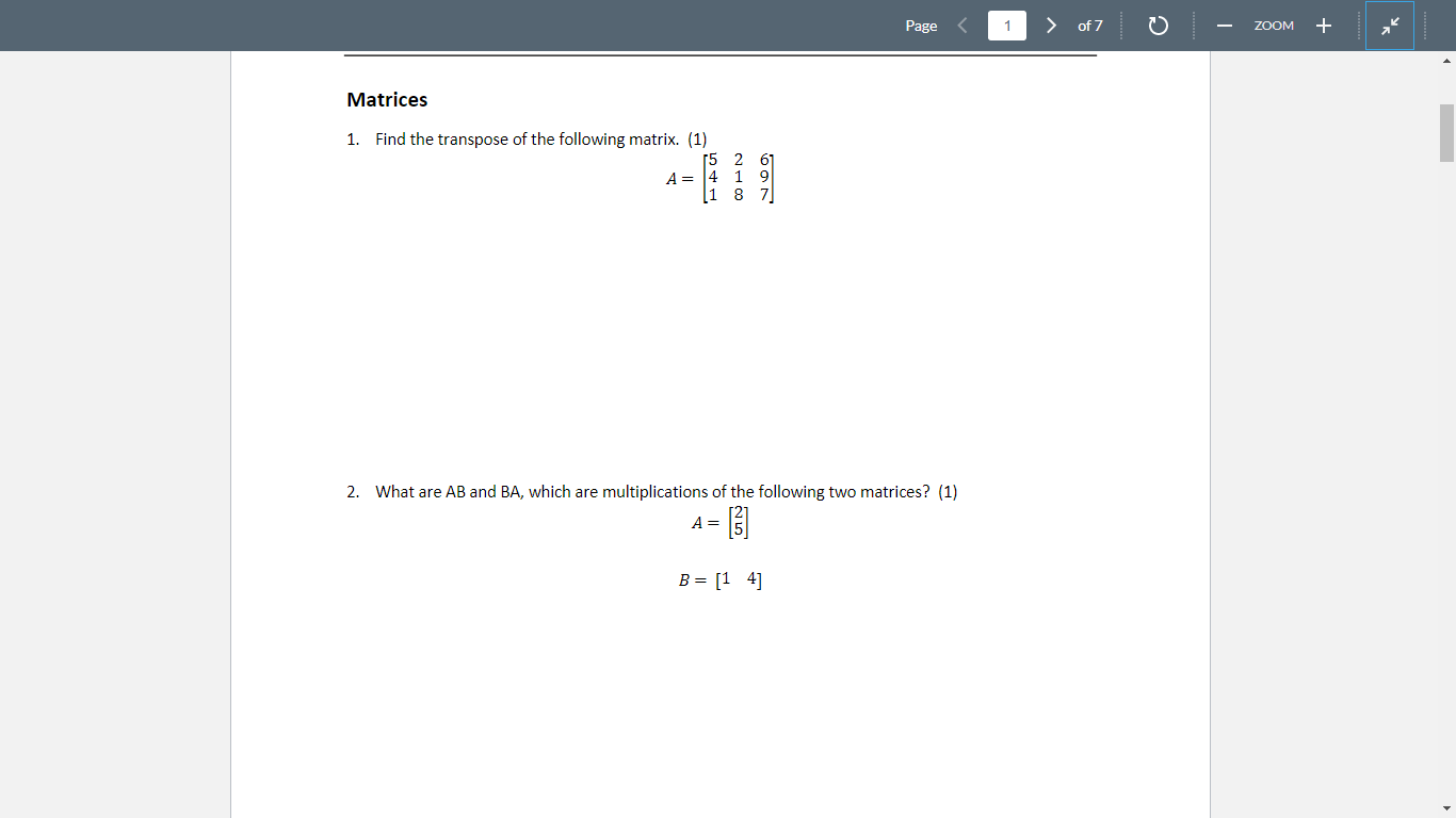 Solved Page 1 > of 7 ZOOM + Matrices 1. Find the transpose | Chegg.com
