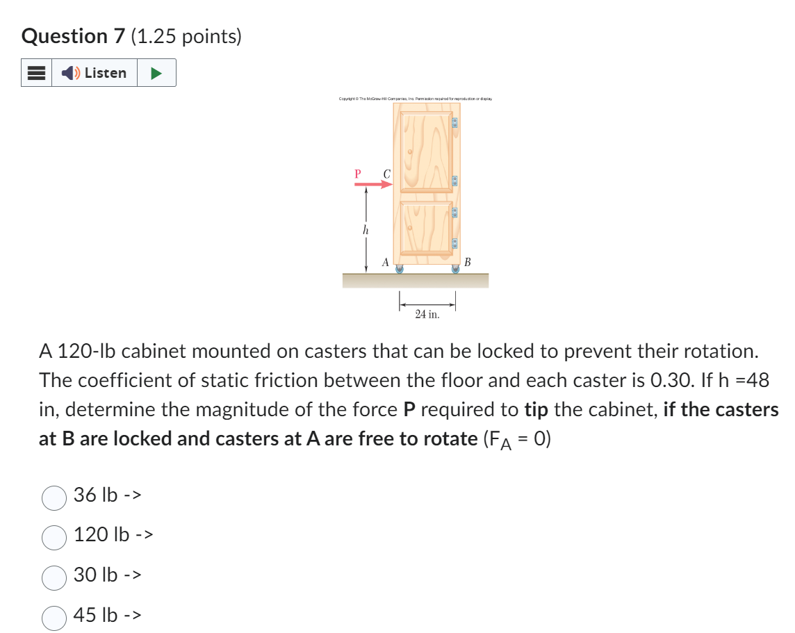 Question 7 (1.25 points) A 120-lb cabinet mounted on | Chegg.com Question 7 (1.25 points) A 120-lb cabinet mounted on | Chegg.com