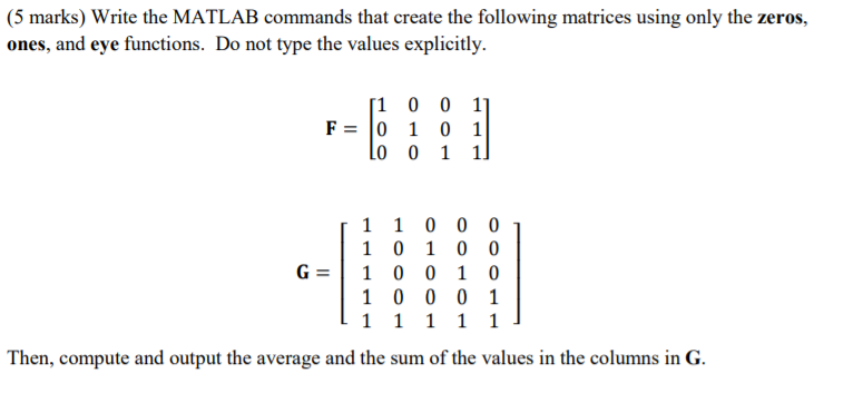 Solved (5 marks) Write the MATLAB commands that create the | Chegg.com