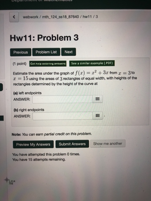 Solved webwork/mth 124 ss18 87640 /hw11/3 Hw11: Problem 3 | Chegg.com