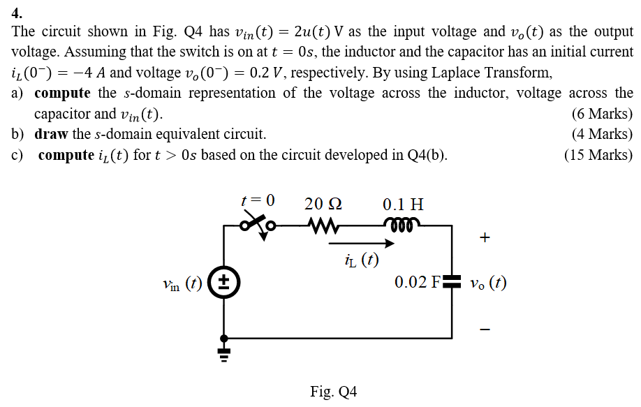 Solved = = = 4. The circuit shown in Fig. Q4 has vin(t) = | Chegg.com