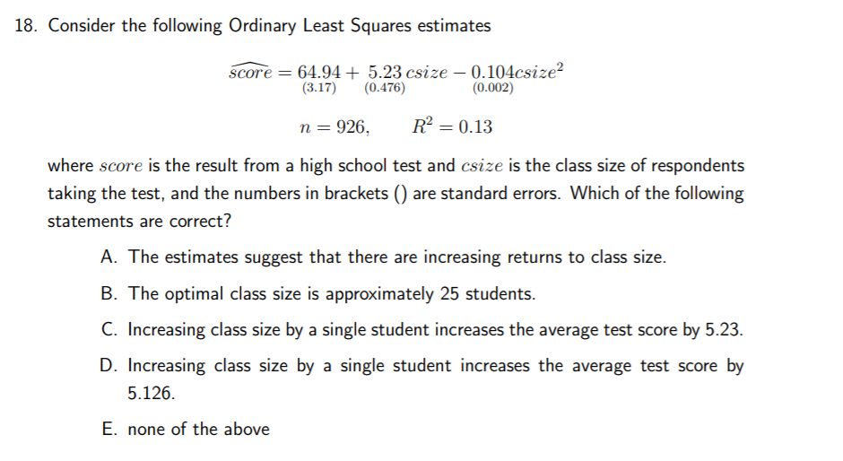 Solved 18. Consider the following Ordinary Least Squares | Chegg.com