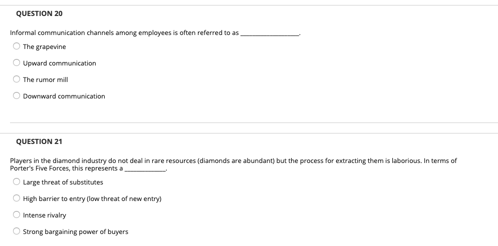 Solved QUESTION 20 Informal communication channels among | Chegg.com