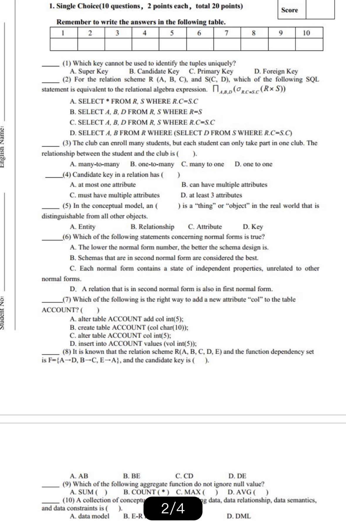 Solved 1. Single Choice(10 questions, 2 points each, total | Chegg.com