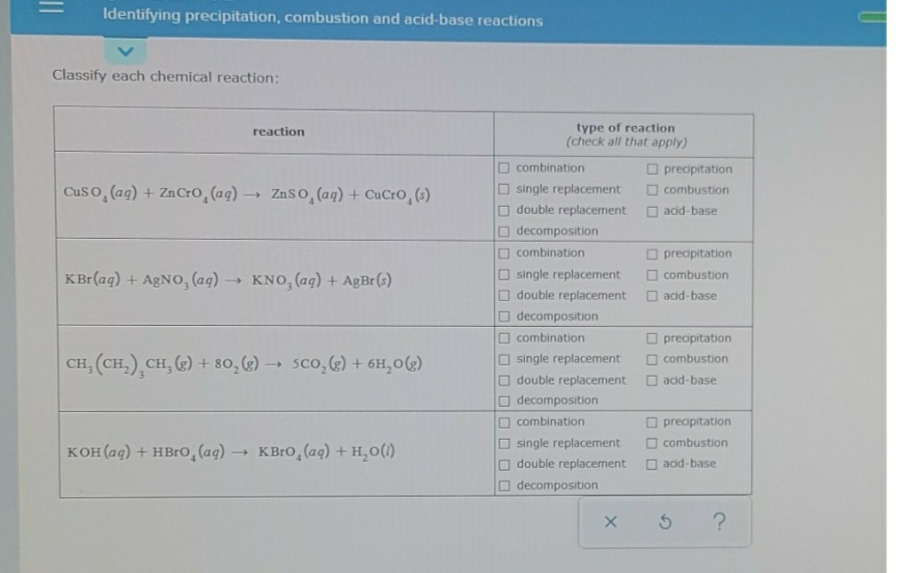 Solved Identifying precipitation, combustion and acid-base | Chegg.com