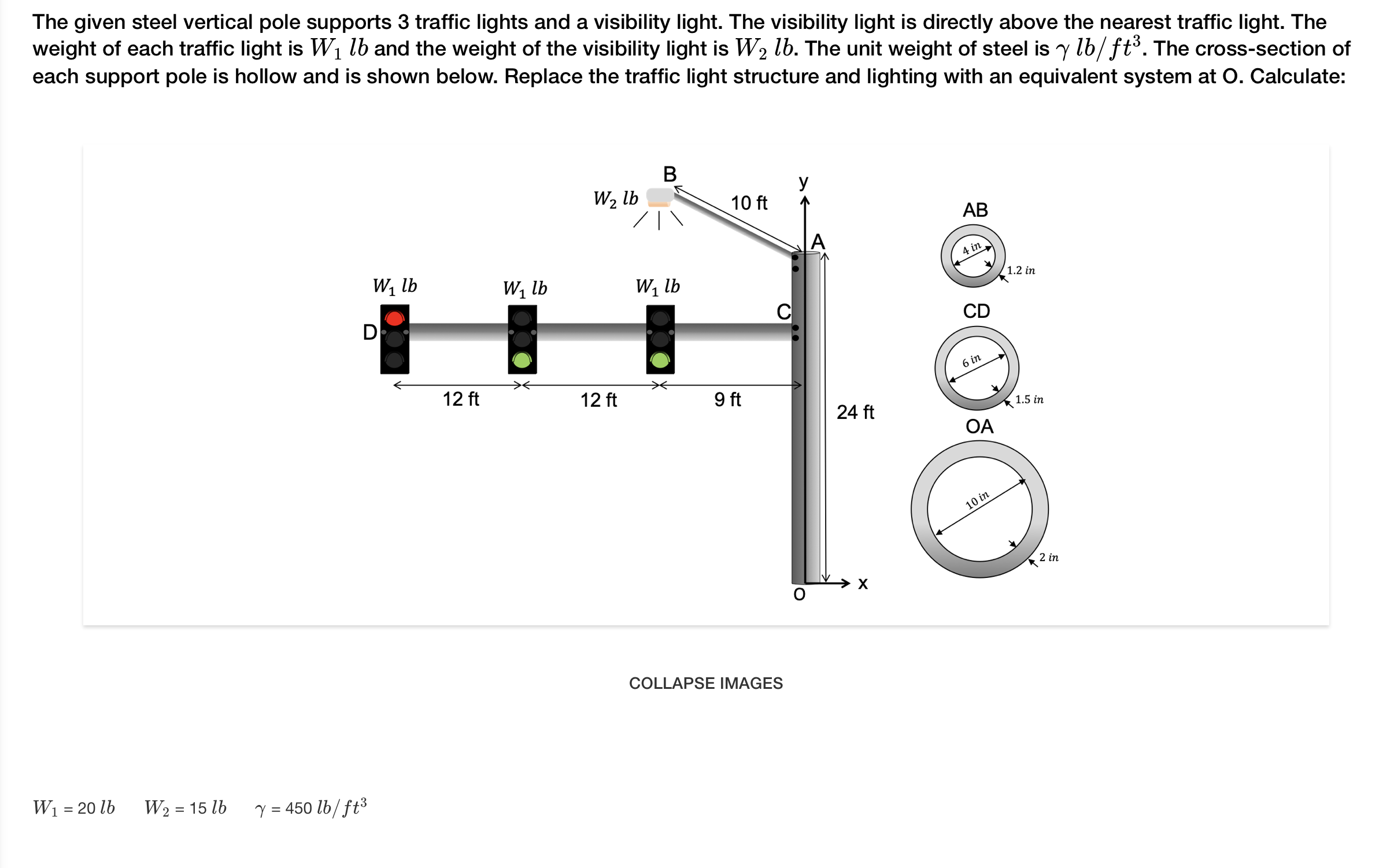 Solved The given steel vertical pole supports 3 traffic | Chegg.com