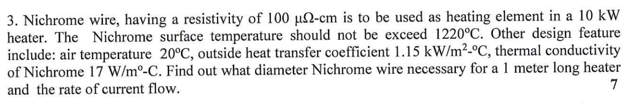 Solved 3. Nichrome wire, having a resistivity of 100 u 12-сm | Chegg.com