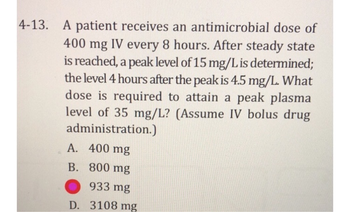 Solved A patient receives an antimicrobial dose of 400 mg IV | Chegg.com