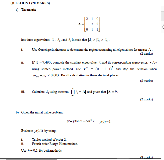 Solved QUESTION 1 (20 MARKS) a) The matrix [2 1 0] A=1 7 2 0 | Chegg.com