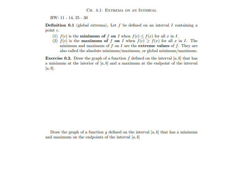Solved CH. 4.1: EXTREMA ON AN INTERVAL HW: 11 - 14, 25 - 30 | Chegg.com