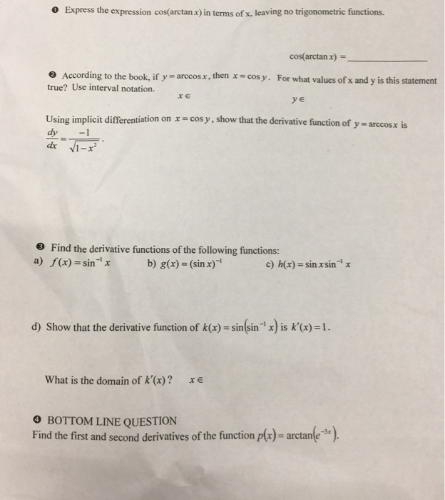 Solved o Express the expression cos(arctan x) in terms of x, | Chegg.com