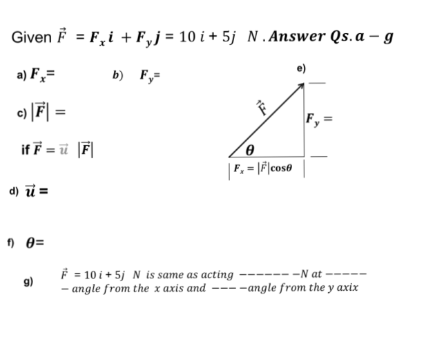 Solved Given F=Fxi+Fyj=10i+5jN. Answer Qs. a−g a) Fx=,Fy= c) | Chegg.com