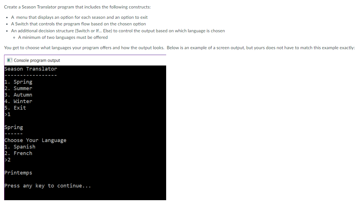 Solved Create a Season Translator program that includes the | Chegg.com