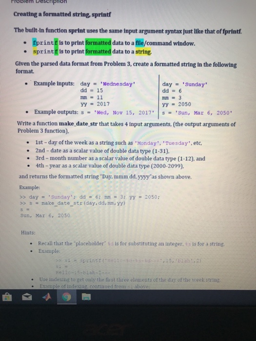 Solved roblem Descripion Creating a formatted string, | Chegg.com