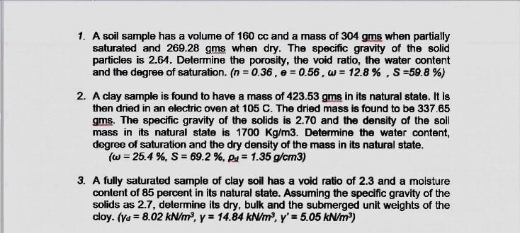 Solved 1. A soil sample has a volume of 160 cc and a mass of | Chegg.com
