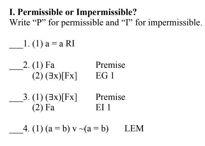 Solved I. Permissible or Impermissible? Write “p” for | Chegg.com
