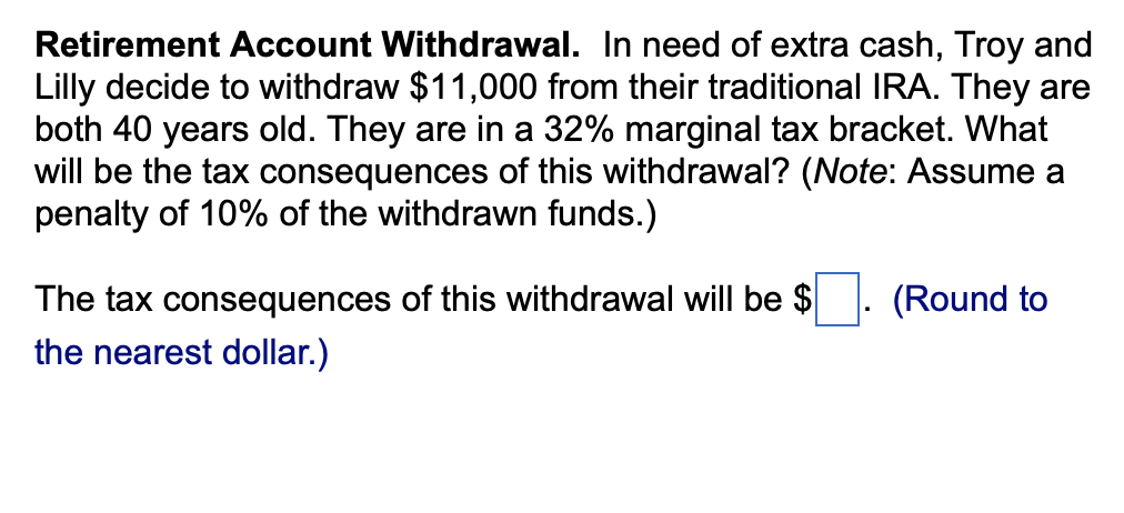 Solved Retirement Account Withdrawal. In need of extra cash, | Chegg.com
