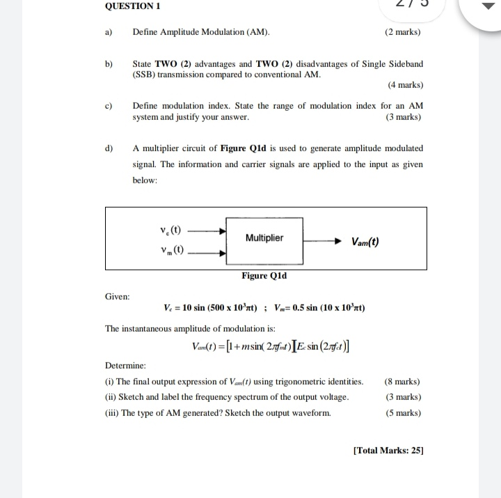 Solved QUESTION 1 Define Amplitude Modulation (AM). (2 | Chegg.com
