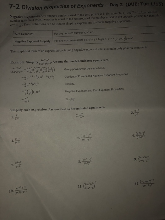 Solved 2 Division Properties of Exponents - Day 2 (DUE: Tue | Chegg.com