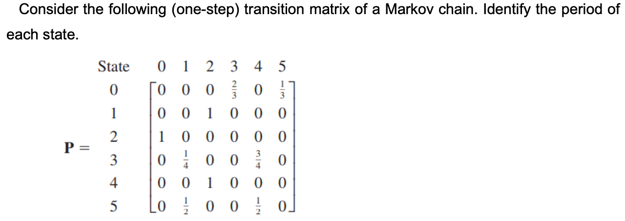 Solved Consider the following (one-step) transition matrix | Chegg.com