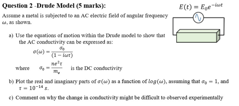Solved Question 2 -Drude Model (5 marks) Assume a metal is | Chegg.com