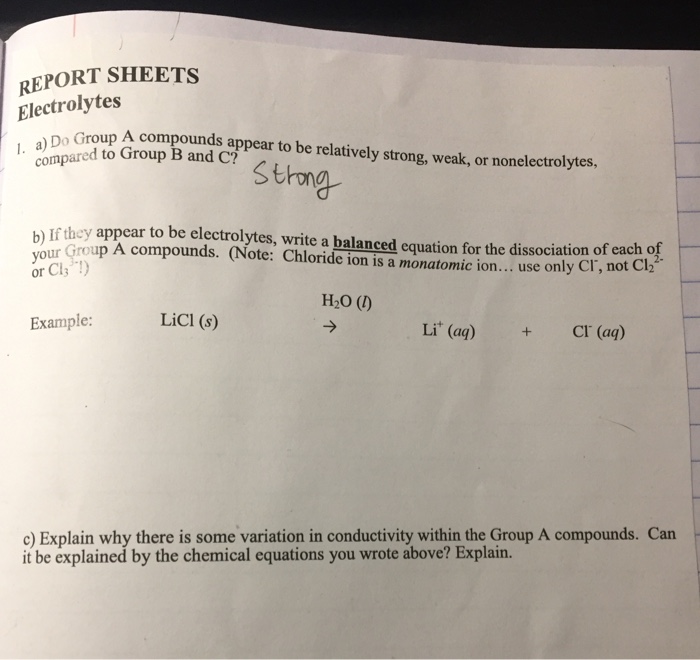 Solved REPORT SHEETS Electrolytes Do A compounds appear to | Chegg.com