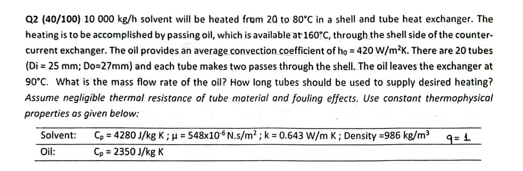 Solved 10000 ﻿kg/h solvent will be heated from 20 ﻿to 80\deg | Chegg.com