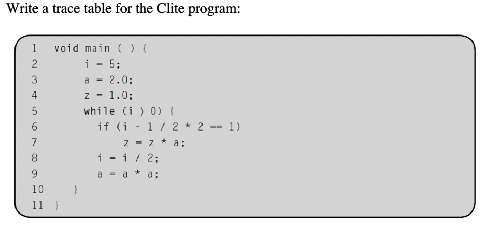 Solved Write a trace table for the Clite program: | Chegg.com