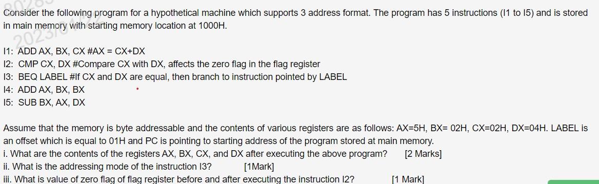 Solved Consider the following program for a hypothetical | Chegg.com