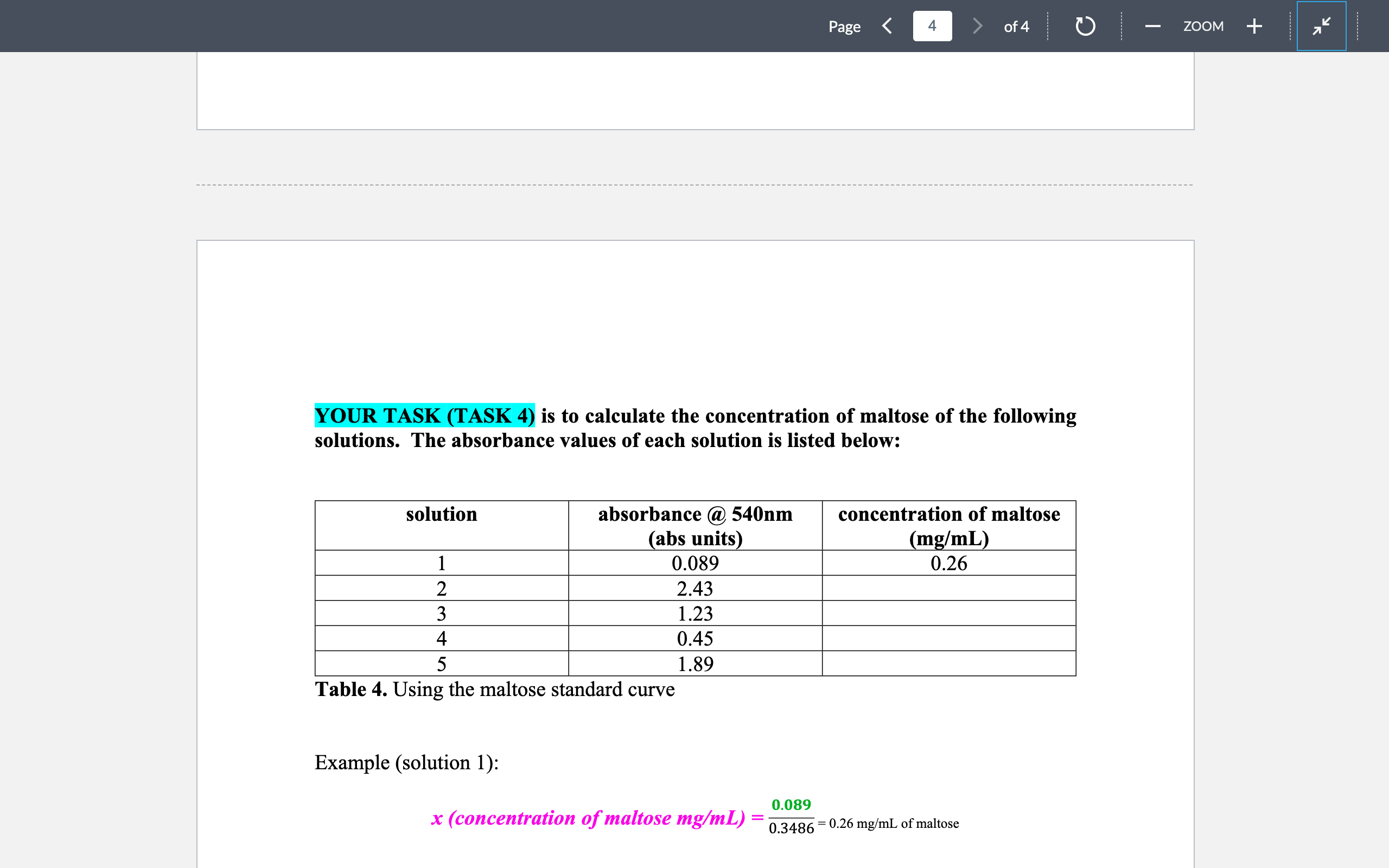 Solved YOUR TASK (TASK 4) is to calculate the concentration | Chegg.com