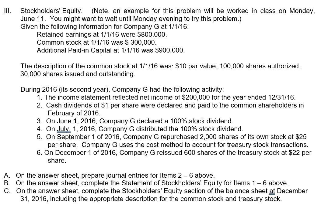 Solved III. Stockholders' Equity. (Note: an example for this | Chegg.com