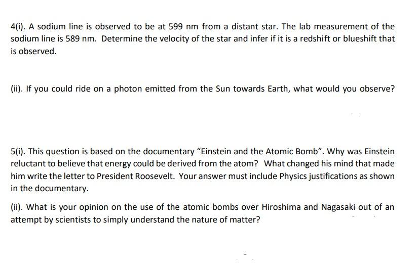 Solved 4(i). A sodium line is observed to be at 599 nm from | Chegg.com