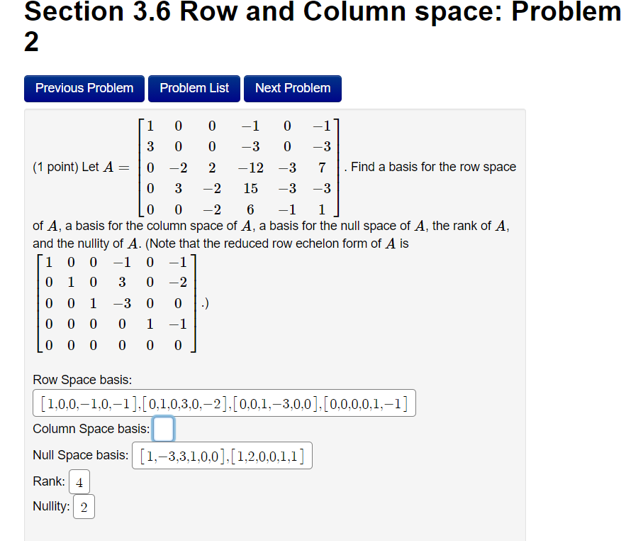 Solved Section 3.6 Row and Column space: Problem 2 Previous | Chegg.com