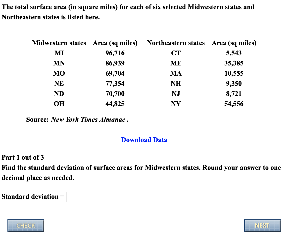 Solved The total surface area (in square miles) for each of | Chegg.com