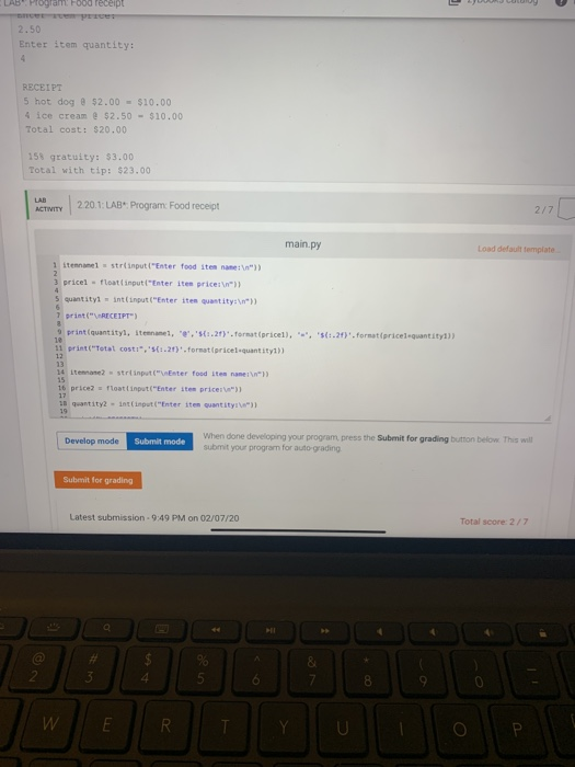 Solved: 2.20 LAB*: Program: Food Receipt ZyBooks Catalog H... | Chegg.com