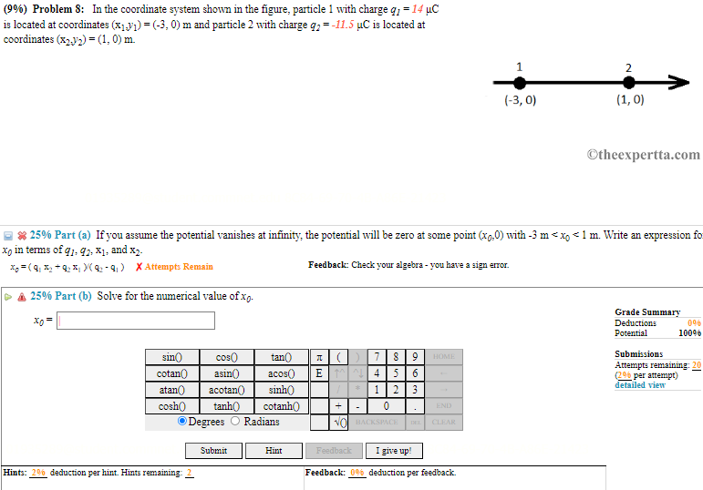 [Solved]: (9 %) Problem 8: In the coordinate system shown